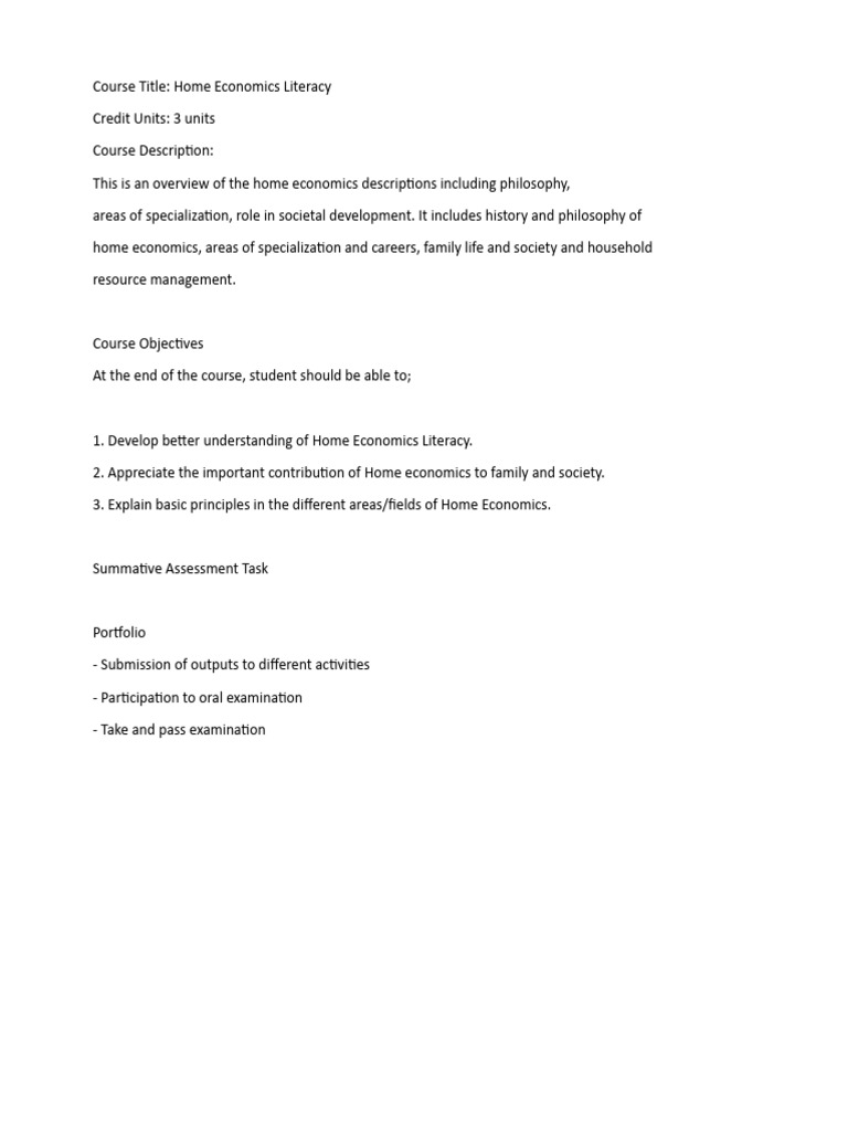Home Economics Literacy Course Overview | PDF | Career & Growth