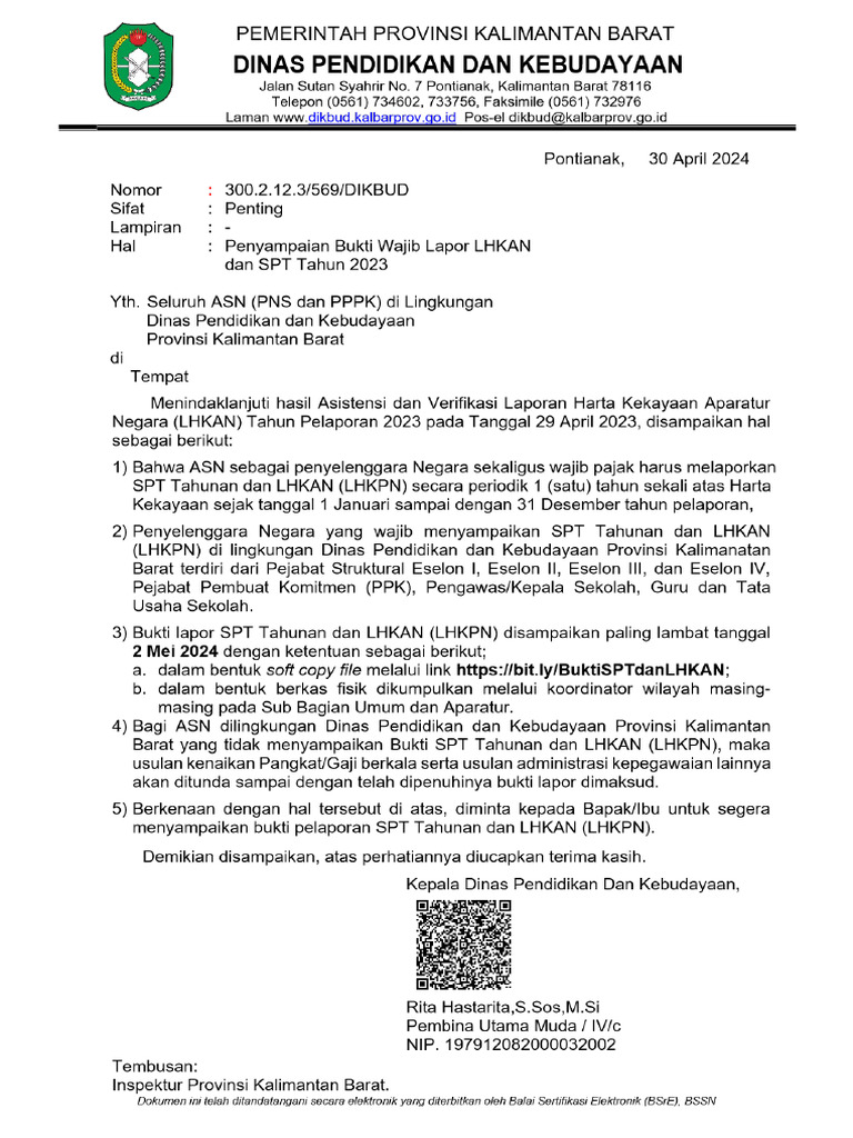Surat Penyampaian Bukti LHKAN Dan SPT Tahunan 2023 | PDF