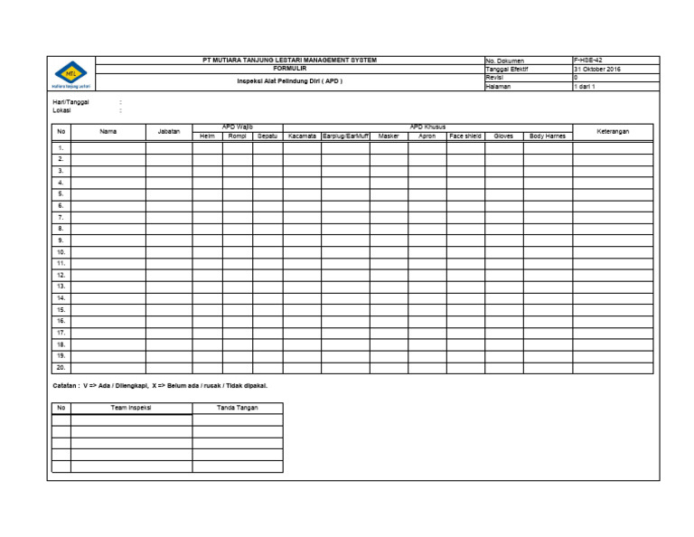 F-HSE-42 - Formulir Inspeksi Alat Pelindung Diri (APD) | PDF
