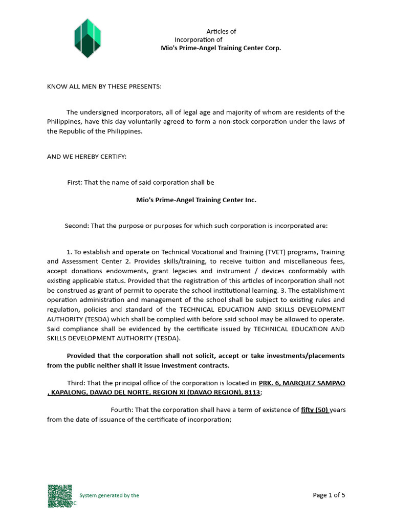 Articles of Incorporation-Non Stock Corp (4) - Mio - Prime For ...
