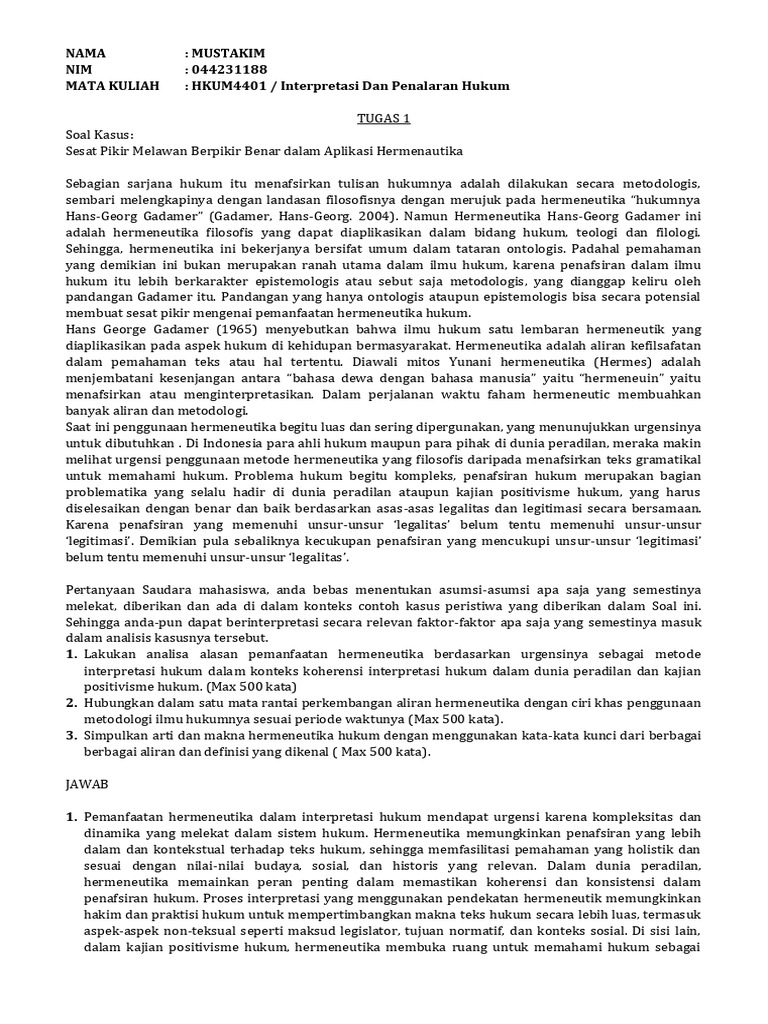 TUGAS 1 MUSTAKIM Interpretasi Dan Penalaran Hukum | PDF | Ilmu Sosial | Filsafat