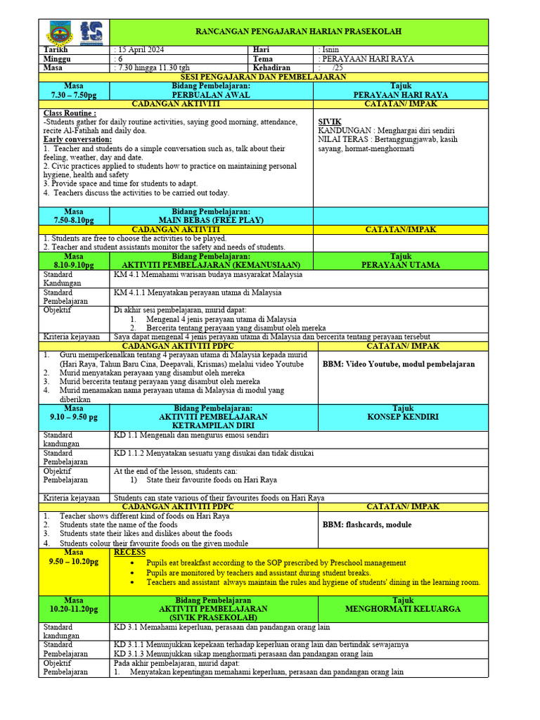RPH Minggu 6 - Perayaan Hari Raya | PDF | Karier & Perkembangan | Kesehatan Holistik