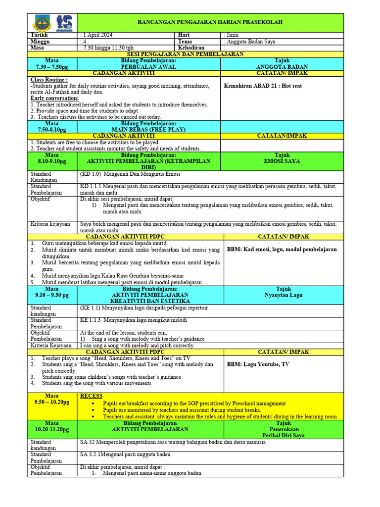RPH Minggu 4 - Anggota Badan Saya | PDF