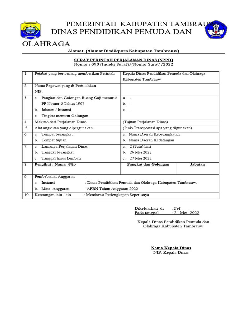 Contoh Format SPT SDH SPPD Kegiatan Rakor Dinas Pendidikan Pemuda Dan ...