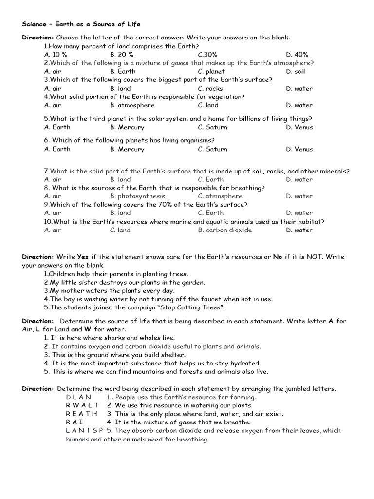 Earth: Essential Life Sources Quiz | PDF | Atmosphere Of Earth | Soil
