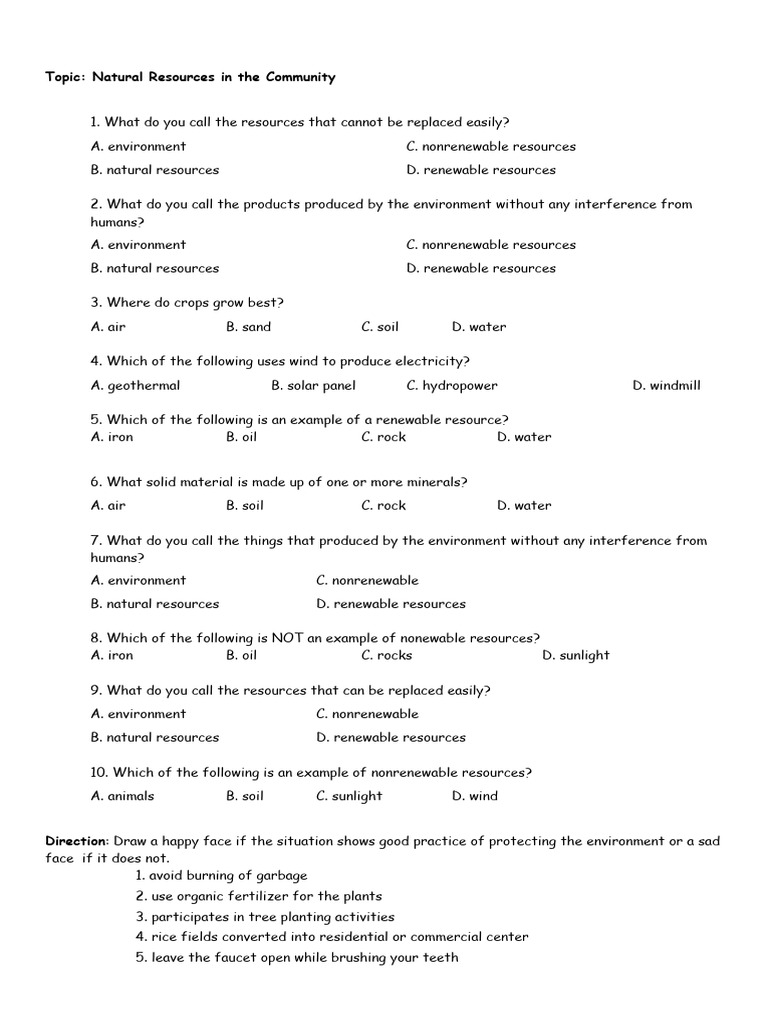 Community Natural Resources Quiz | PDF | Renewable Resources | Soil