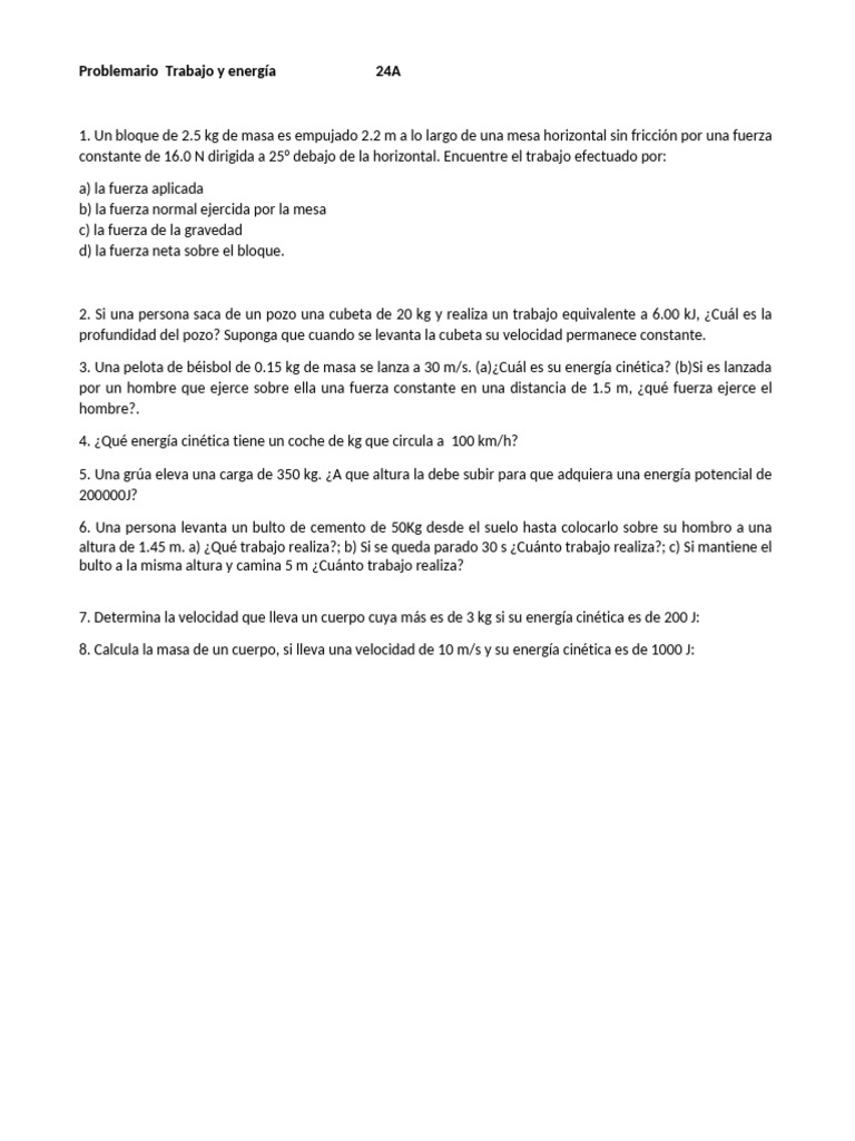 Problemario Trabajo y Energía24A | PDF