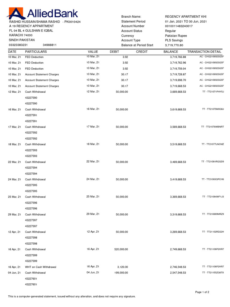 ABL Statement - (01.2021 To 06.2021) | PDF | Debits And Credits | Personal Finance