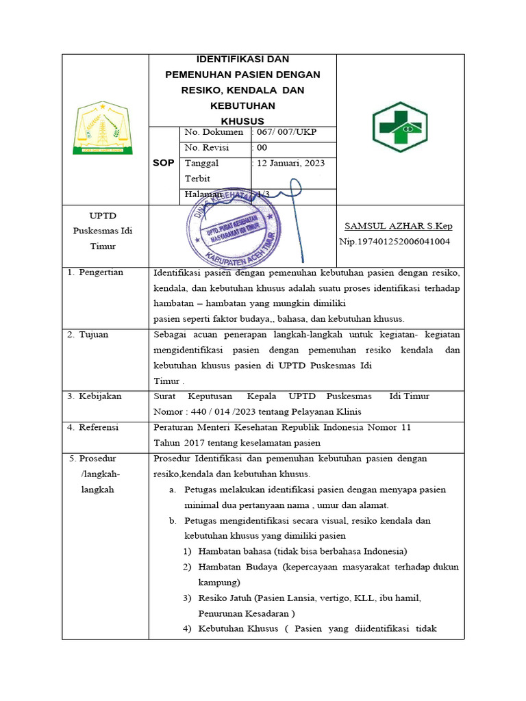 Perbaikan SOP IDENTIFIKASI PASIEN BERKEBUTUHAN KHUSUS - Docx1 | PDF