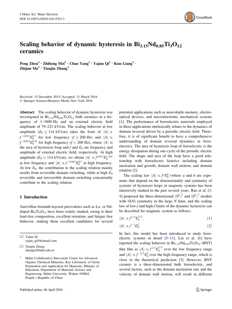 2016 Scaling behavior of dynamic hysteresis in Bi3.15Nd0.85Ti3O12 ceramics J material science ...
