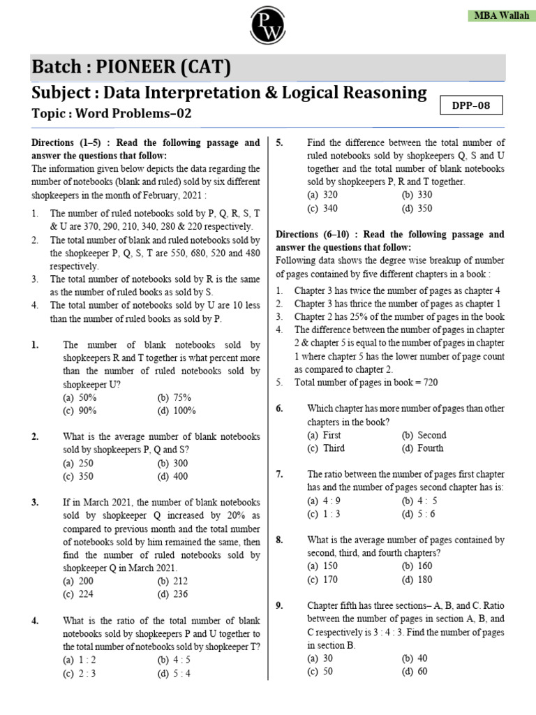 Data Interpretation Word Problems 2 DPP 06 MBA PIONEER 2023 | PDF | Books
