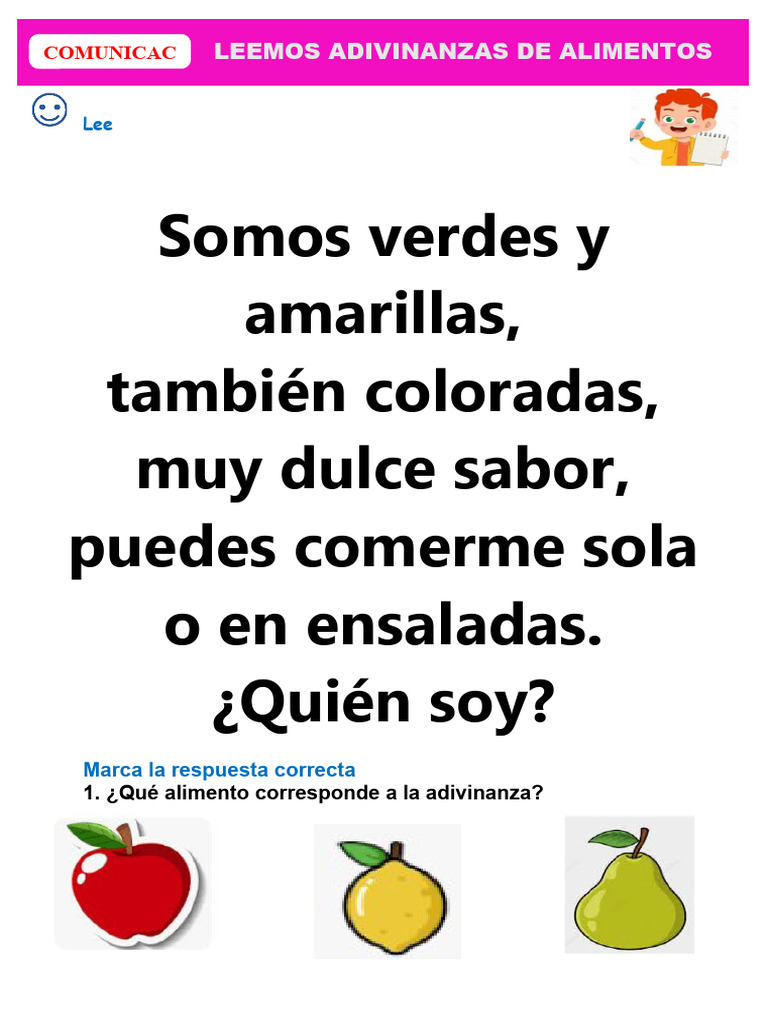 D1 A1 FICHA COM. Leemos Adivinanzas de Alimentos | PDF