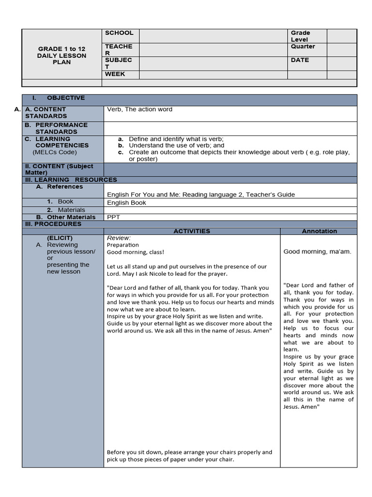 Grade 1-12 Daily Lesson Plan: Verbs | PDF | Verb | Sentence (Linguistics)