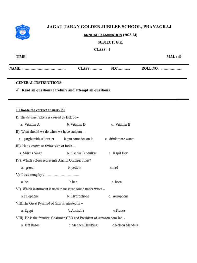 Annual GK Class 4 2023-24 | PDF