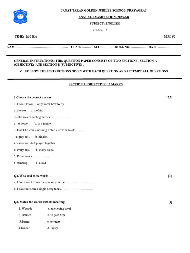 Class 2 English Exam Paper | PDF | Linguistics