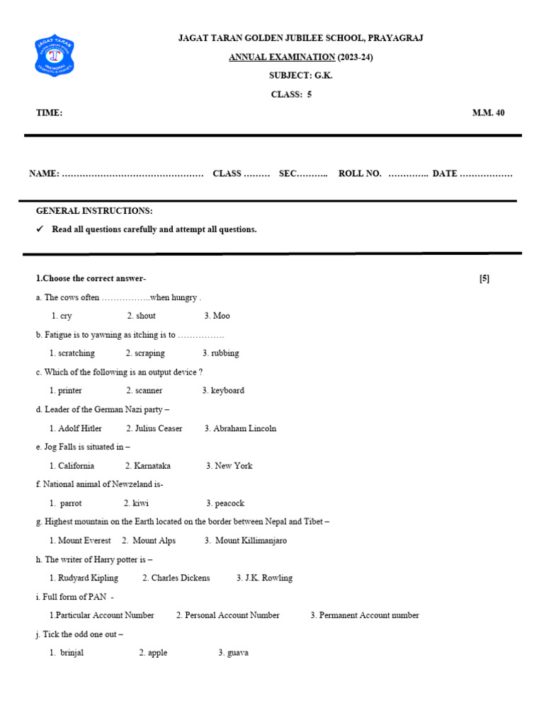 Annual GK Class 5 2023-24 | PDF