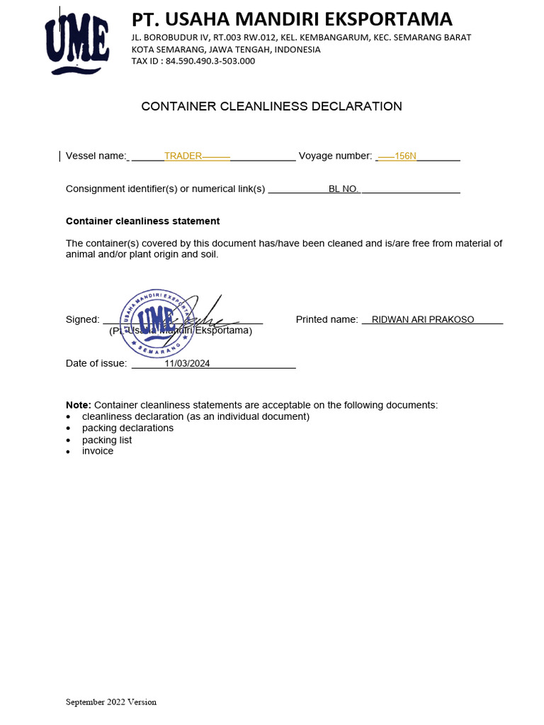 Container Cleanliness Declaration - With Form | Download Free PDF ...