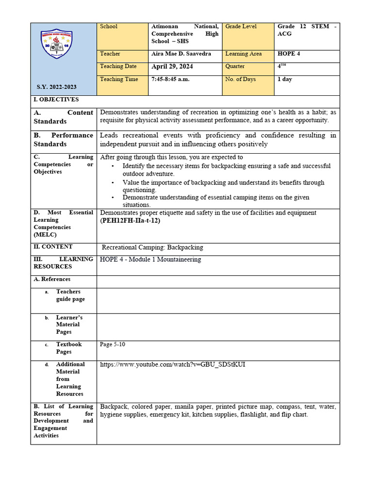 Final Lesson Plan For DEMO BACKPACKING | PDF | Camping | Tent