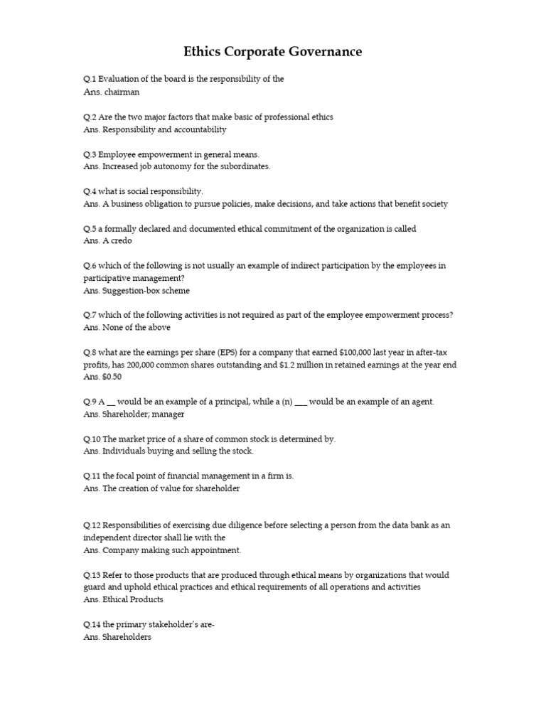 Corporate Governance and Ethics Overview | PDF | Corporate Governance ...