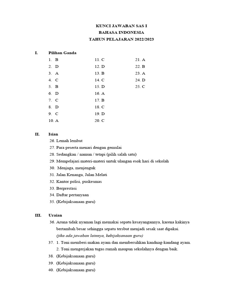 3. Kunci Jawaban Dan Pedoman Penskoran SAS I Bahasa Indonesia Kelas 4 FINAL | PDF