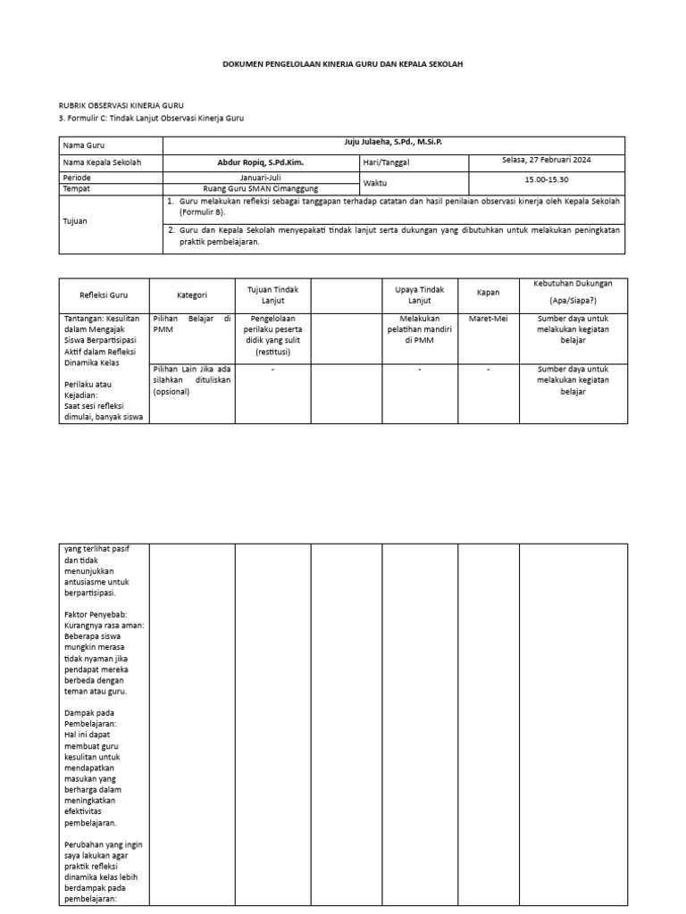 Rubrik Tindak Lanjut Observasi Kinerja Guru (Form C) - Juju Julaeha | PDF