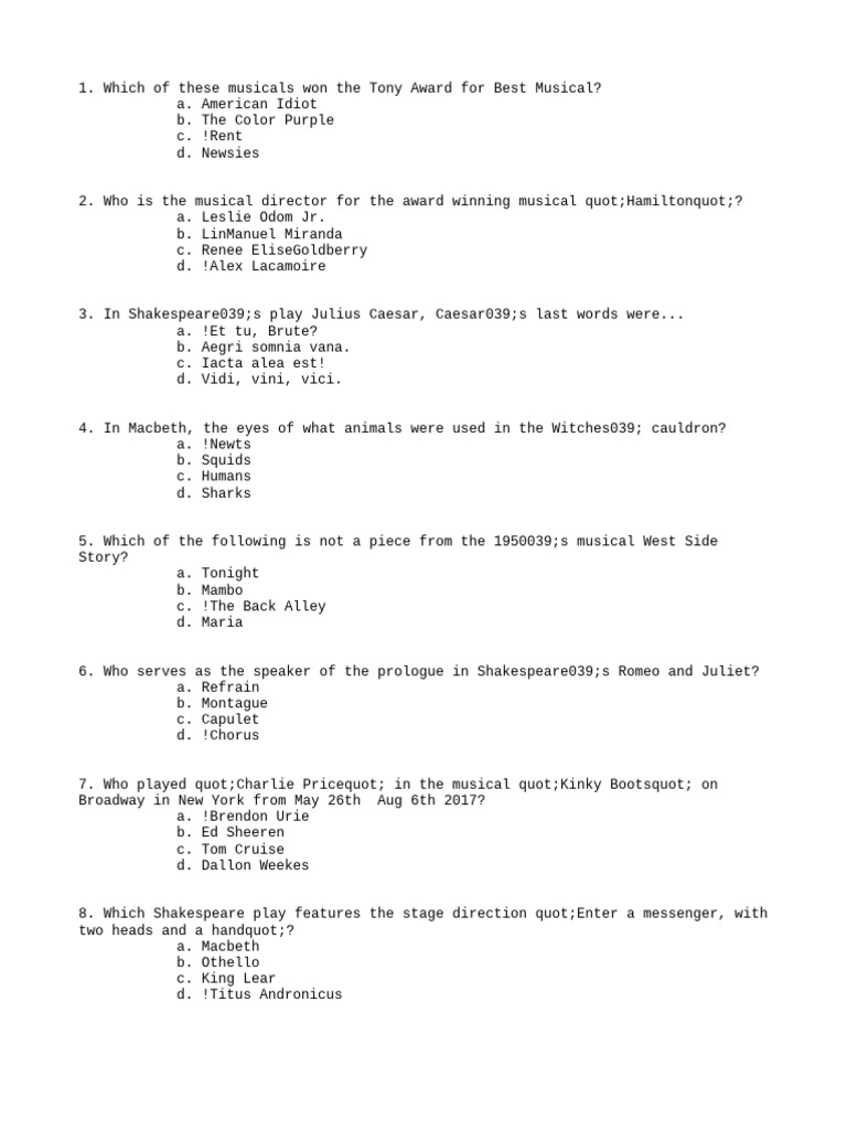 Broadway Musicals and Shakespeare Quiz | PDF | Characters In Romeo And ...