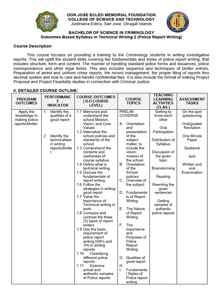 OBE in Technical Writing 2 Police Report Writing (BSCrim) | PDF | Police