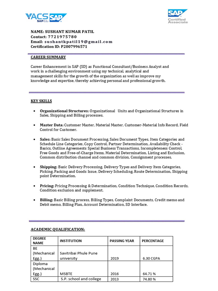SAP - Resume - Sushant Patil | PDF | Sales | Invoice