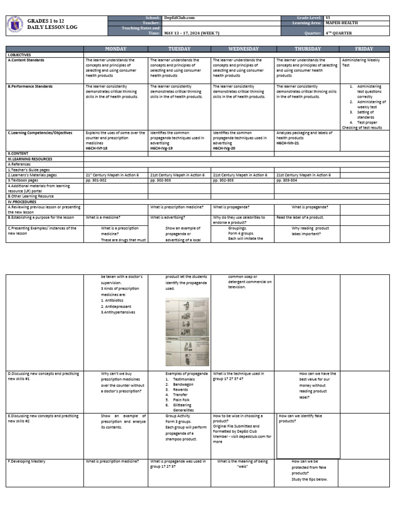 DLL_MAPEH 6_Q4_W7 | PDF | Critical Thinking | Learning