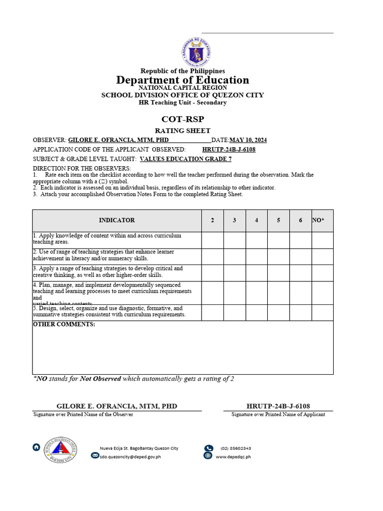 Hrutp 24b J 6108 Cot Rating Sheet | PDF | Curriculum | Literacy