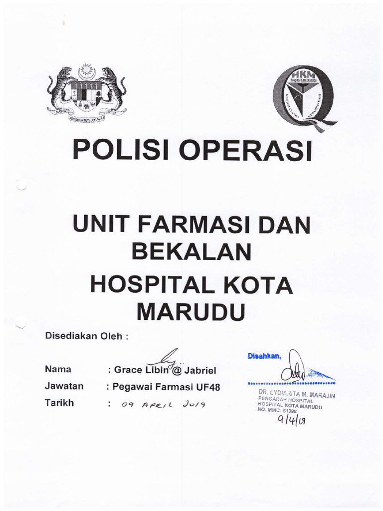 Polisi Operasi Unit Farmasi Hospital Kota Marudu | PDF