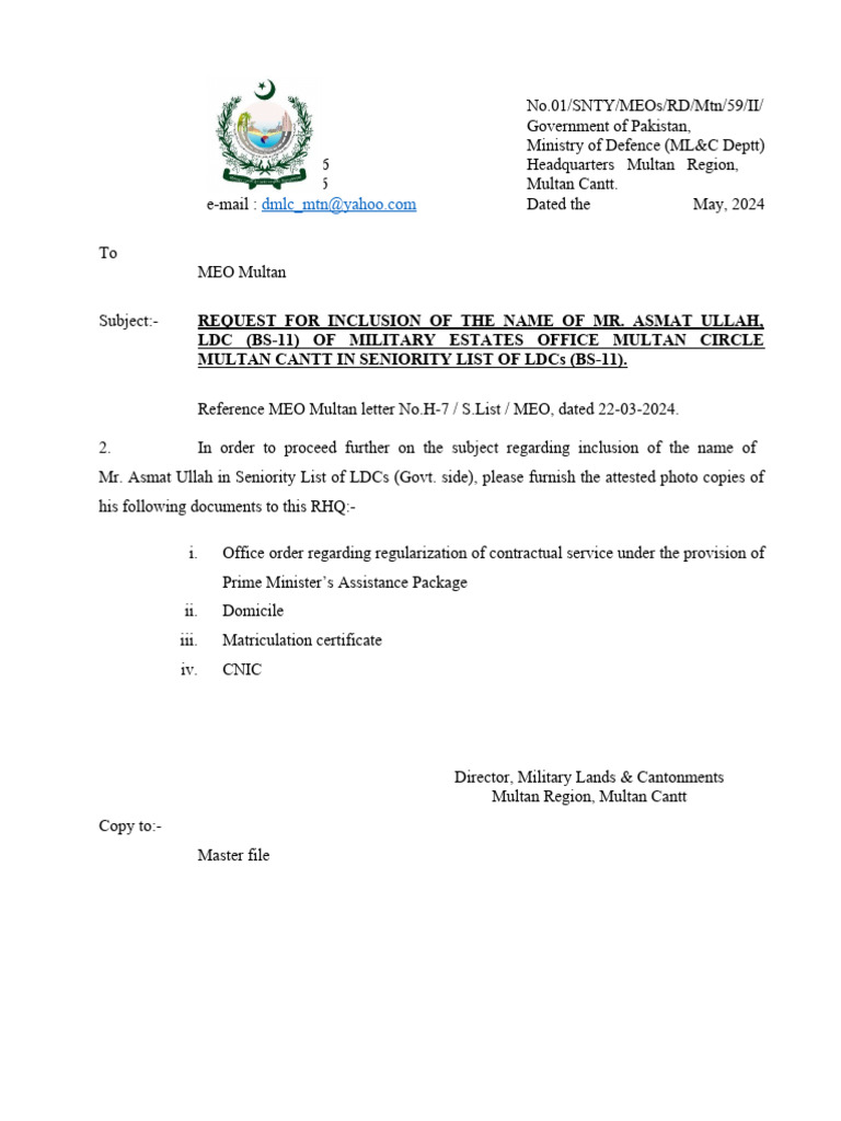 MEO Multan letter | PDF