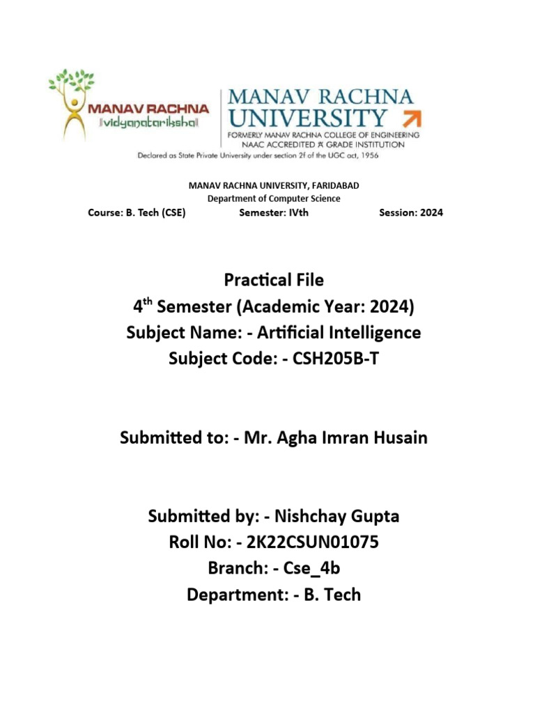 Artificial Intelligence Lab File | PDF