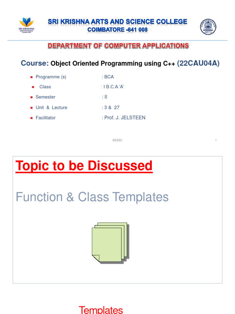 Unit 03 Lecture 27 Templates Pdf Inheritance Object Oriented Programming Class