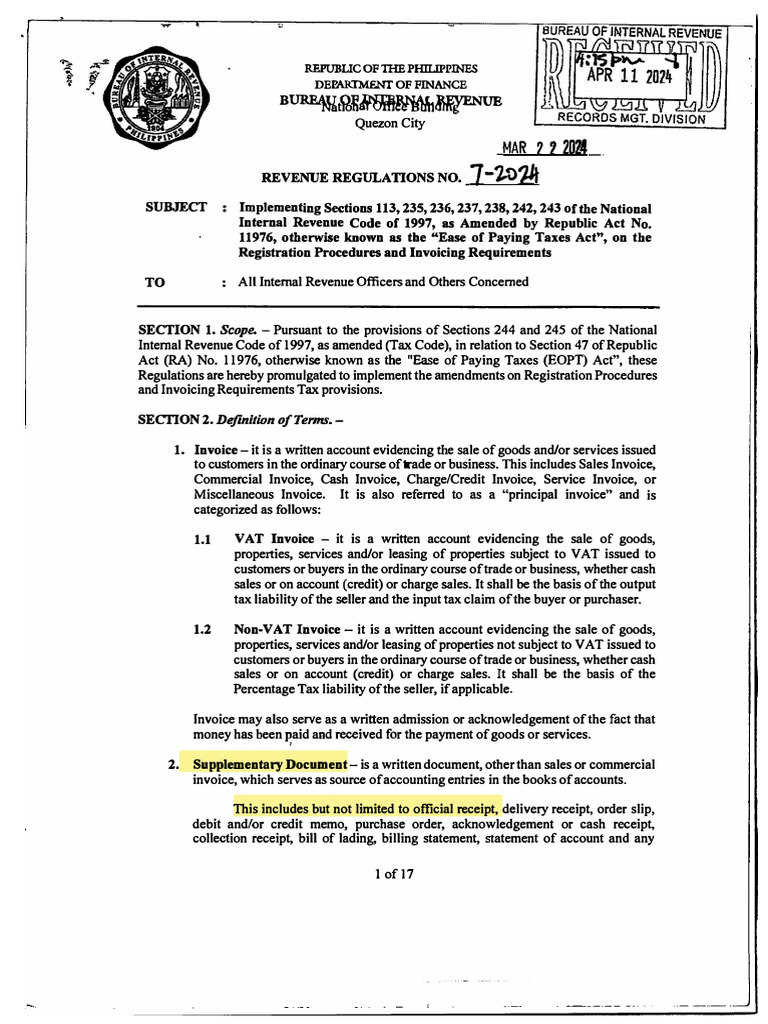 RR No.7 - 2024 - Invoicing Requirements | PDF | Invoice | Receipt