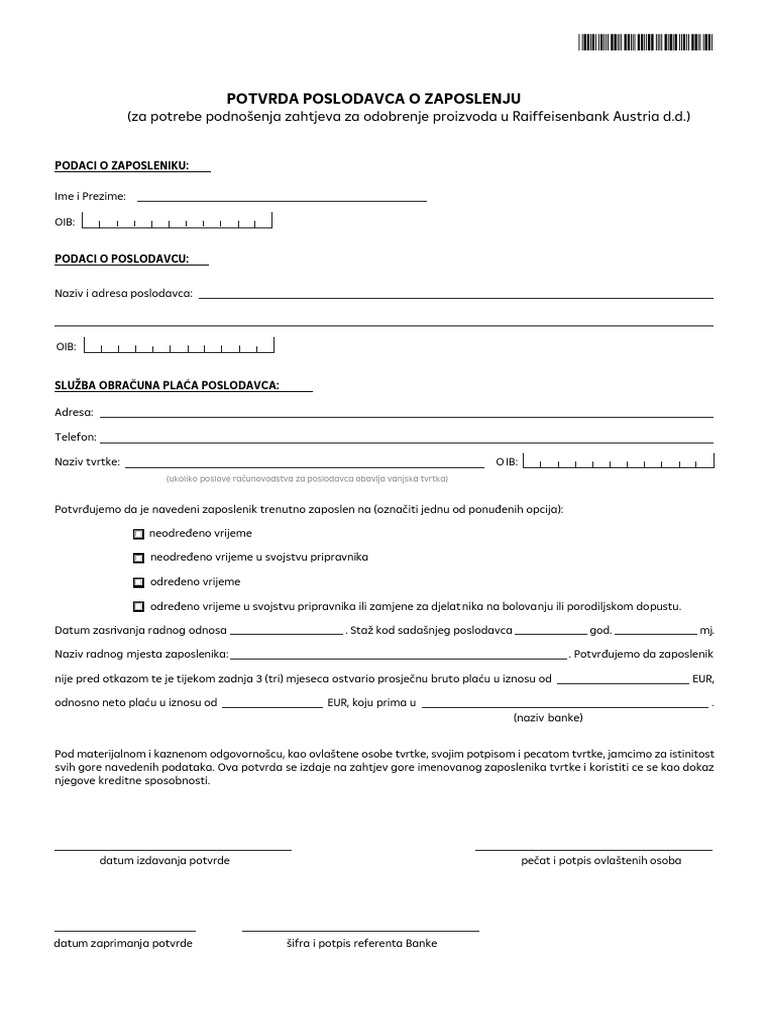 Potvrda Poslodavca o Zaposlenju | PDF