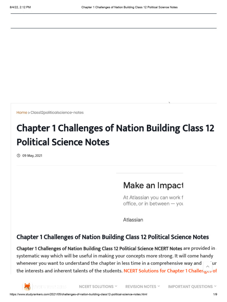 Chapter 1 Challenges of Nation Building Class 12 Political Science ...