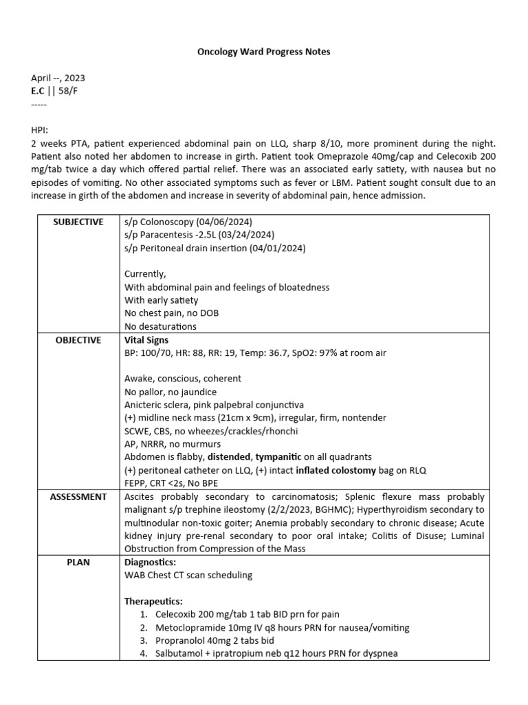 Progress Notes ONCO | PDF | Abdomen | Clinical Medicine