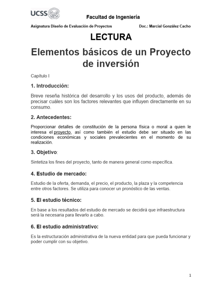 LECTURA - Elementos Básicos de Un Proyecto de Inversión | PDF | Mercado (economía) | Oferta ...