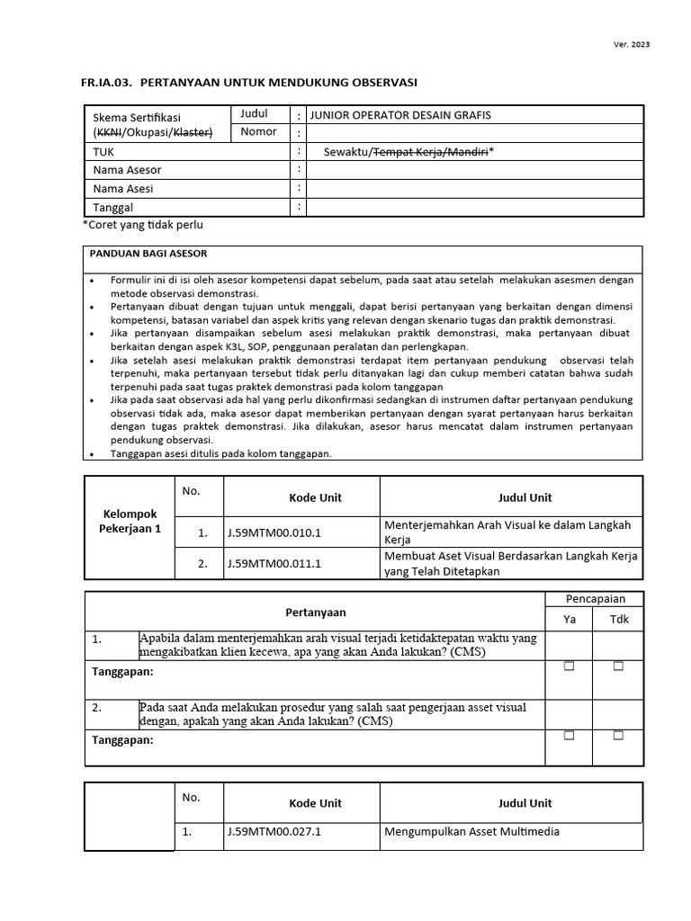 12 FR IA 03 Pertanyaan Mendukung Observasi PMO Docx | PDF