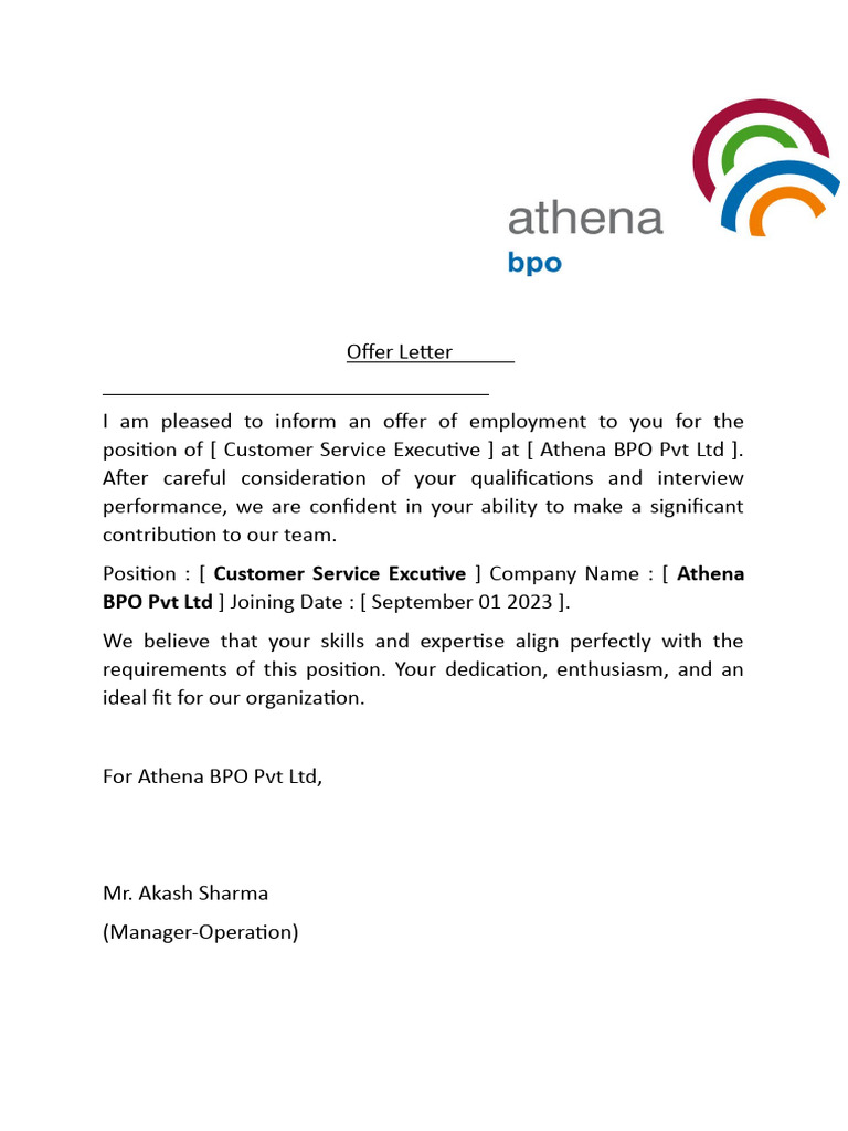 Athena BPO Job Offer: Customer Service Executive | PDF | Career & Growth