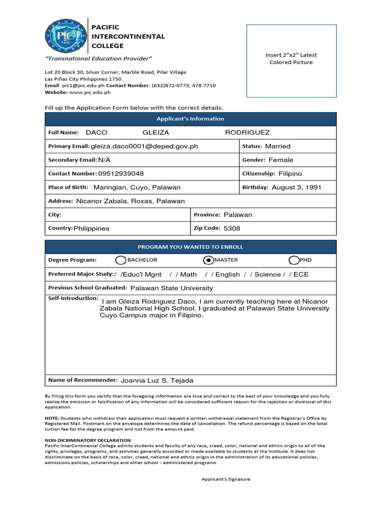 Pacific Intercontinental College Application Form | PDF