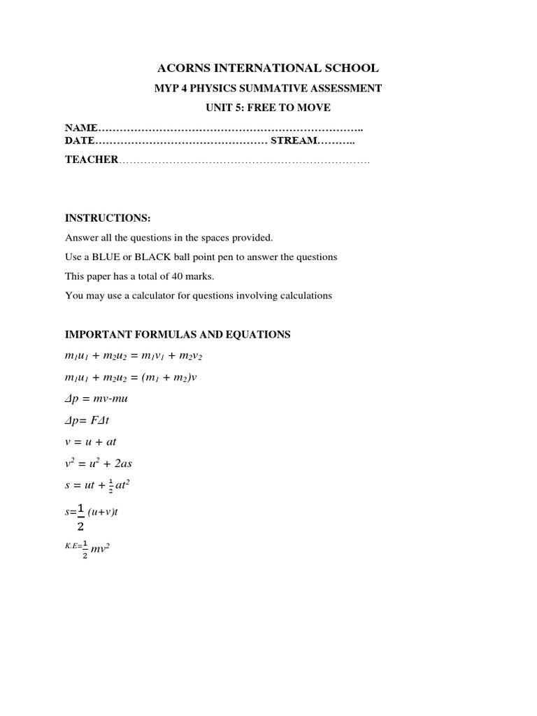 MYP 4 Physics Assessment: Momentum & Motion | PDF | Collision | Momentum