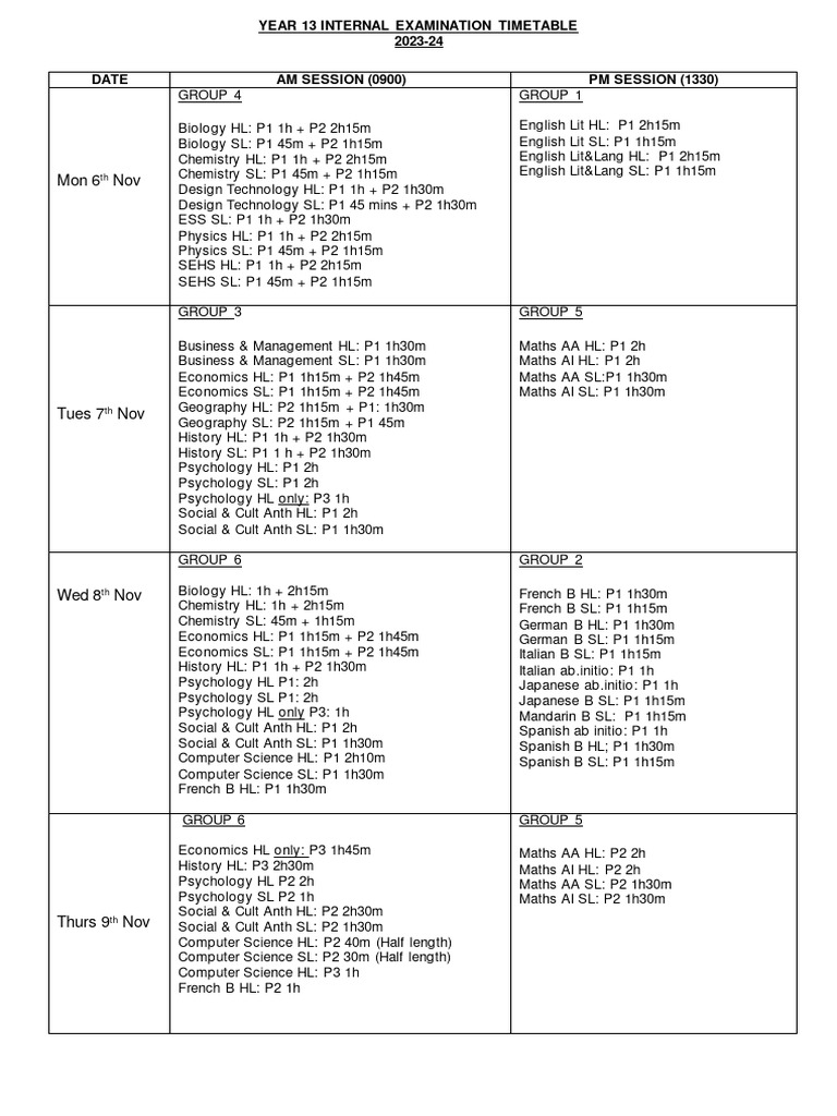 Year 13 Internal Exam Timetable | PDF | Science