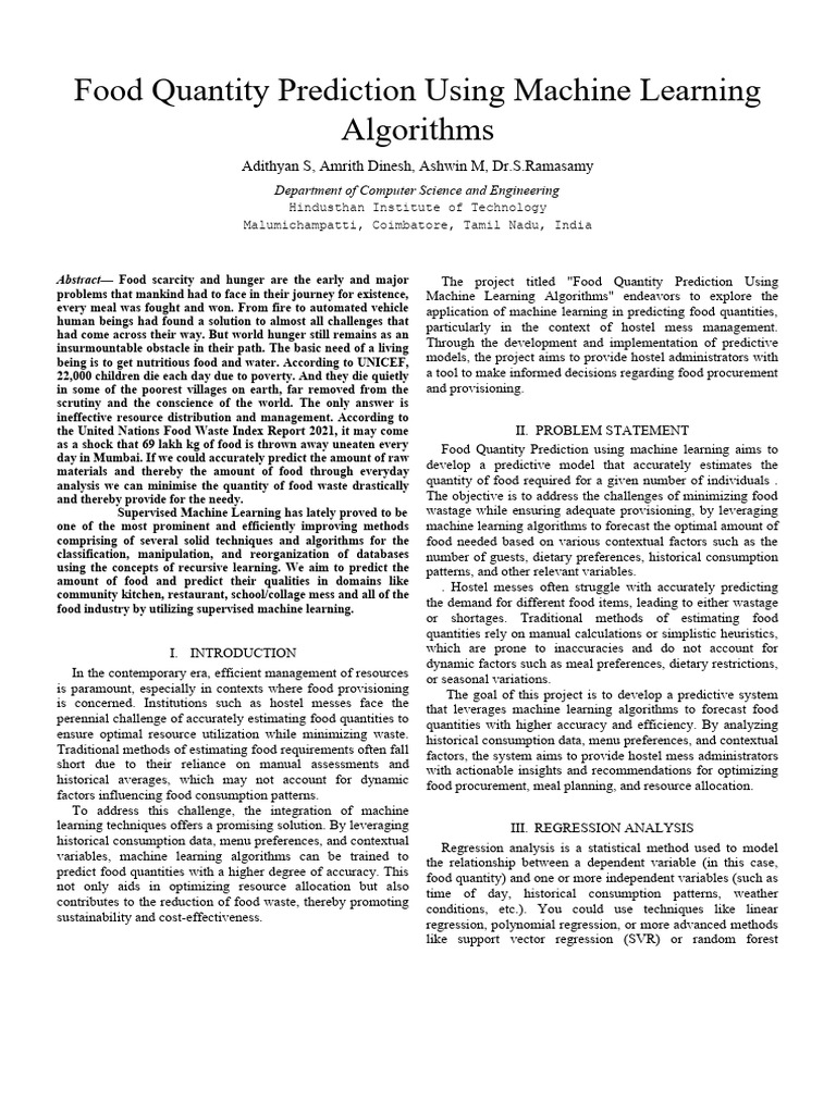 Food Quantity Prediction using Machine Learning Algorithms | PDF ...