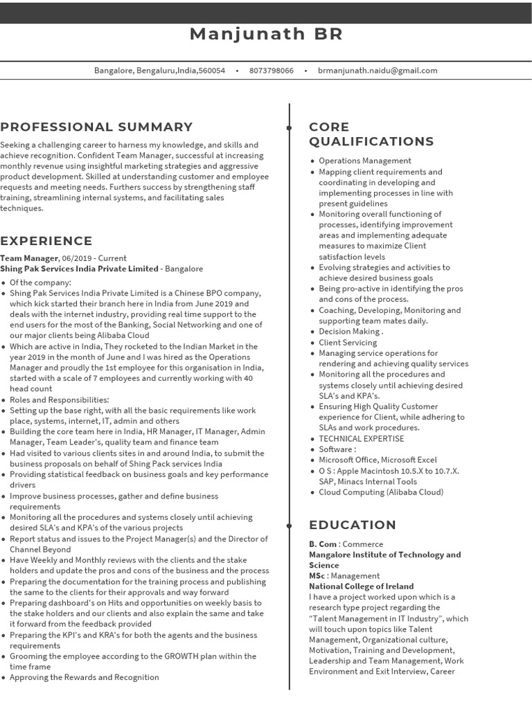 Manjunath_BR_CV | PDF | Performance Appraisal | Service Level Agreement