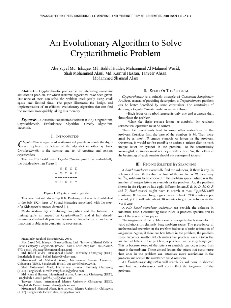 An Evolutionary Algorithm To Solve Crypt Arithmetic Problem | PDF ...