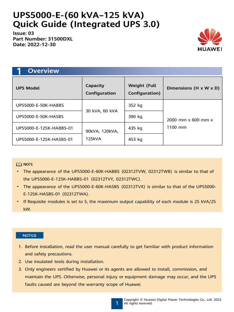 UPS5000-E - (60 kVA-125 kVA) Quick Guide | PDF | Power Supply | Electrical Wiring
