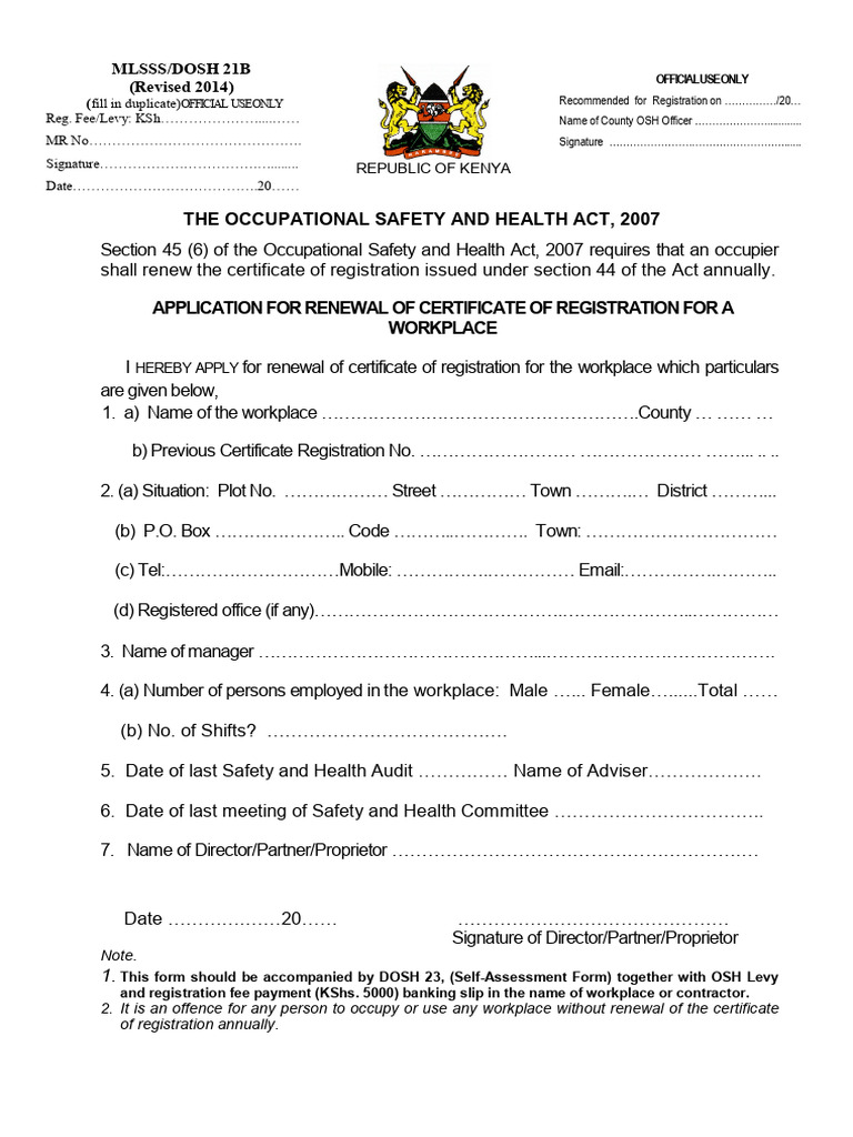 DOSH 21B Revised 2018 Workplace Renewal Form | Download Free PDF | Occupational Safety And ...