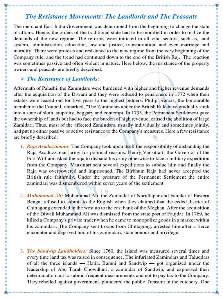 The Resistance Movements: Lanlords and Peasant | PDF | British Raj ...